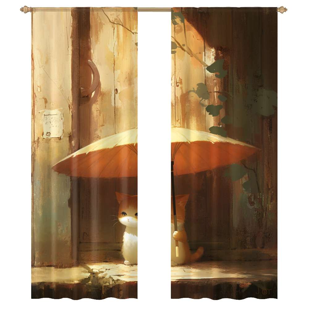 Cute Cat Hiding Under Umbrella Tulle Curtains For Living Room Chiffon ...