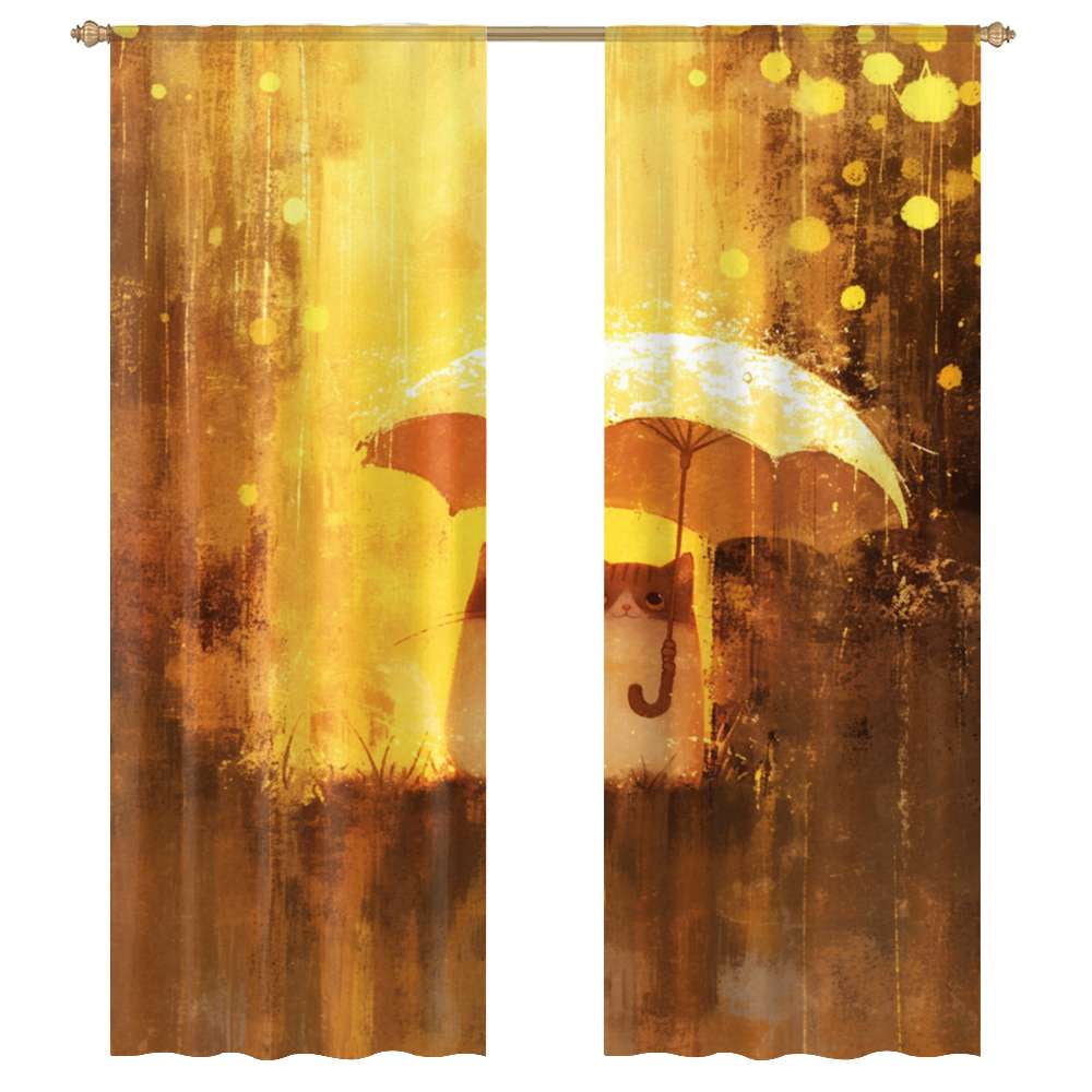 Cute Cat Hiding Under Umbrella Tulle Curtains For Living Room Chiffon ...