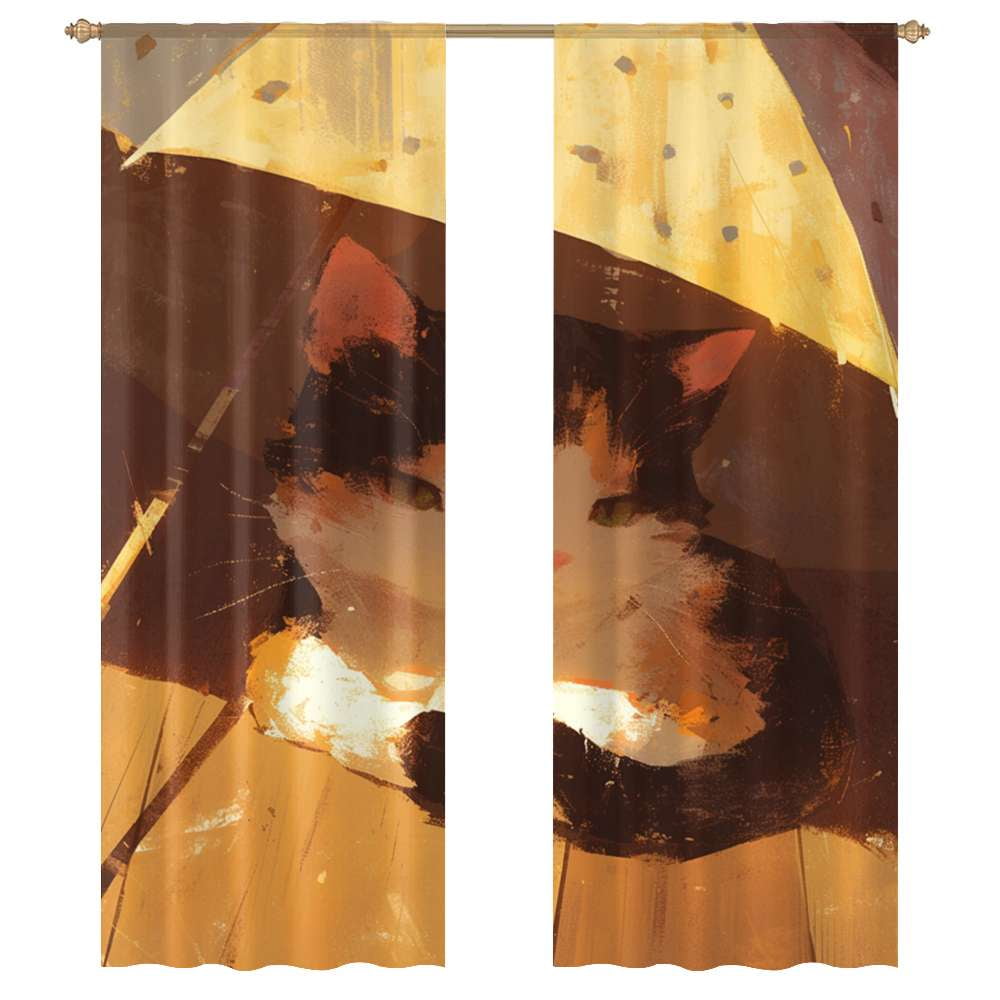 Cute Cat Hiding Under Umbrella Tulle Curtains For Living Room Chiffon ...