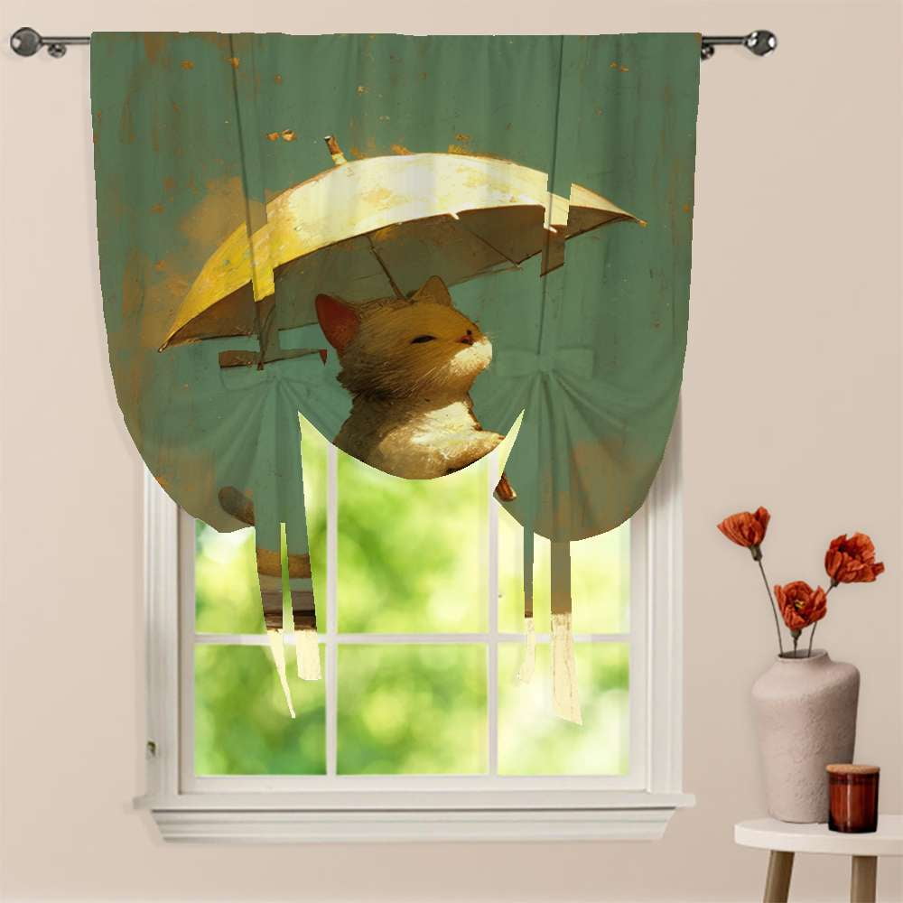 Cute Cat Hiding Under Umbrella Window Curtain for Living Room Roman ...