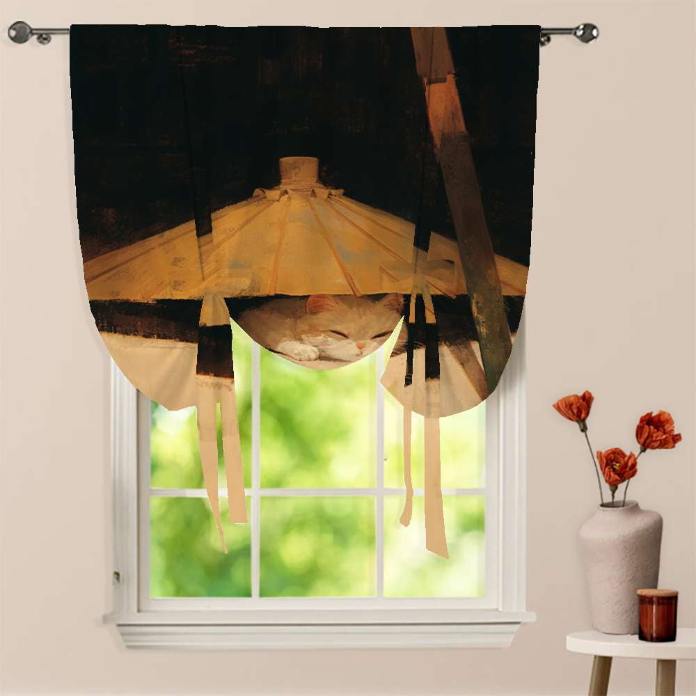 Cute Cat Hiding Under Umbrella Window Curtain for Living Room Roman ...