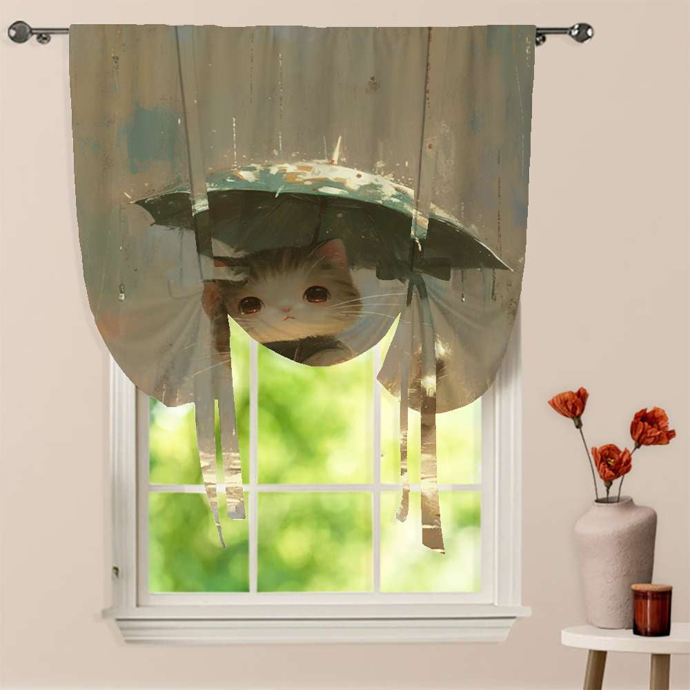 Cute Cat Hiding Under Umbrella Window Curtain for Living Room Roman ...