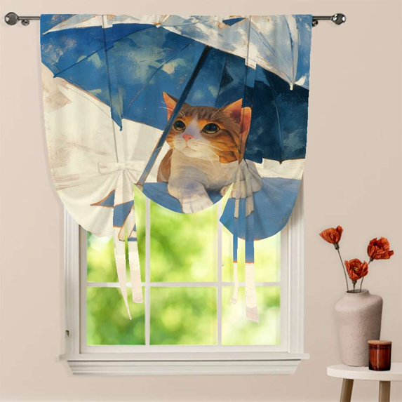 Cute Cat Hiding Under Umbrella Window Curtain for Living Room Roman ...