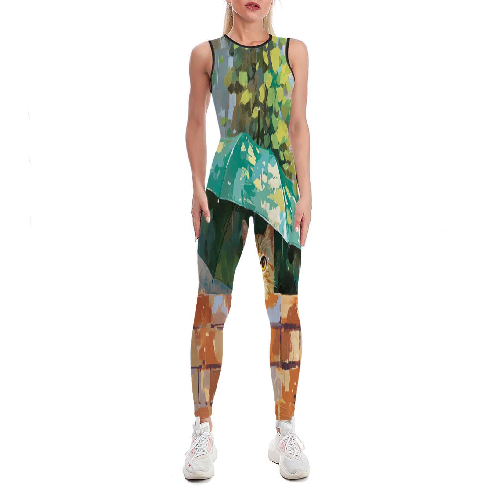 Cute Cat Hiding Under Umbrella Women's One Piece Yoga Jumpsuits ...