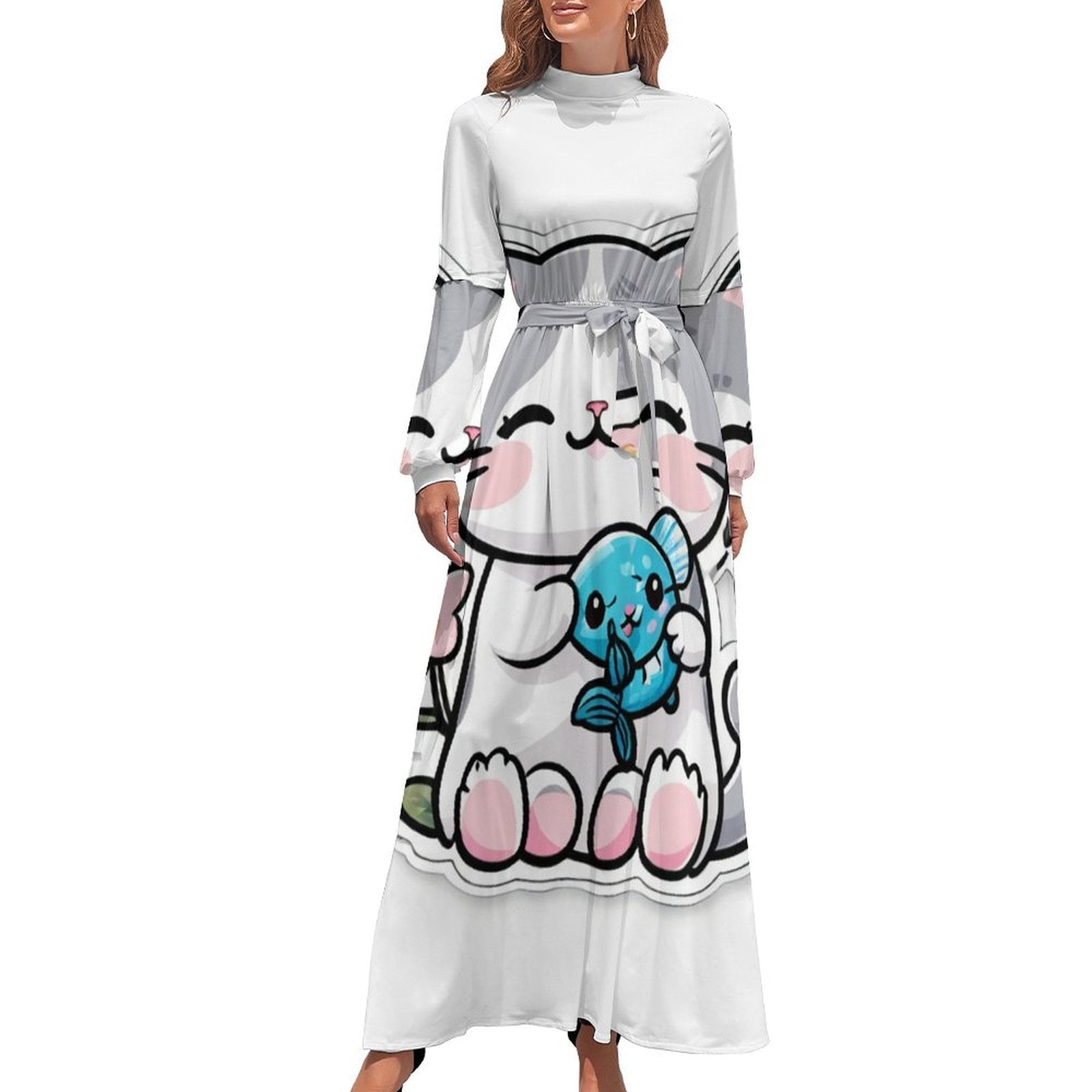Cute Cat Holding Fish Women's Long Dress Long Sleeves Dress Vintage ...