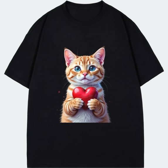 Cute Cat Holding Heart T Shirt Black Animal Print For Casual Wear And ...