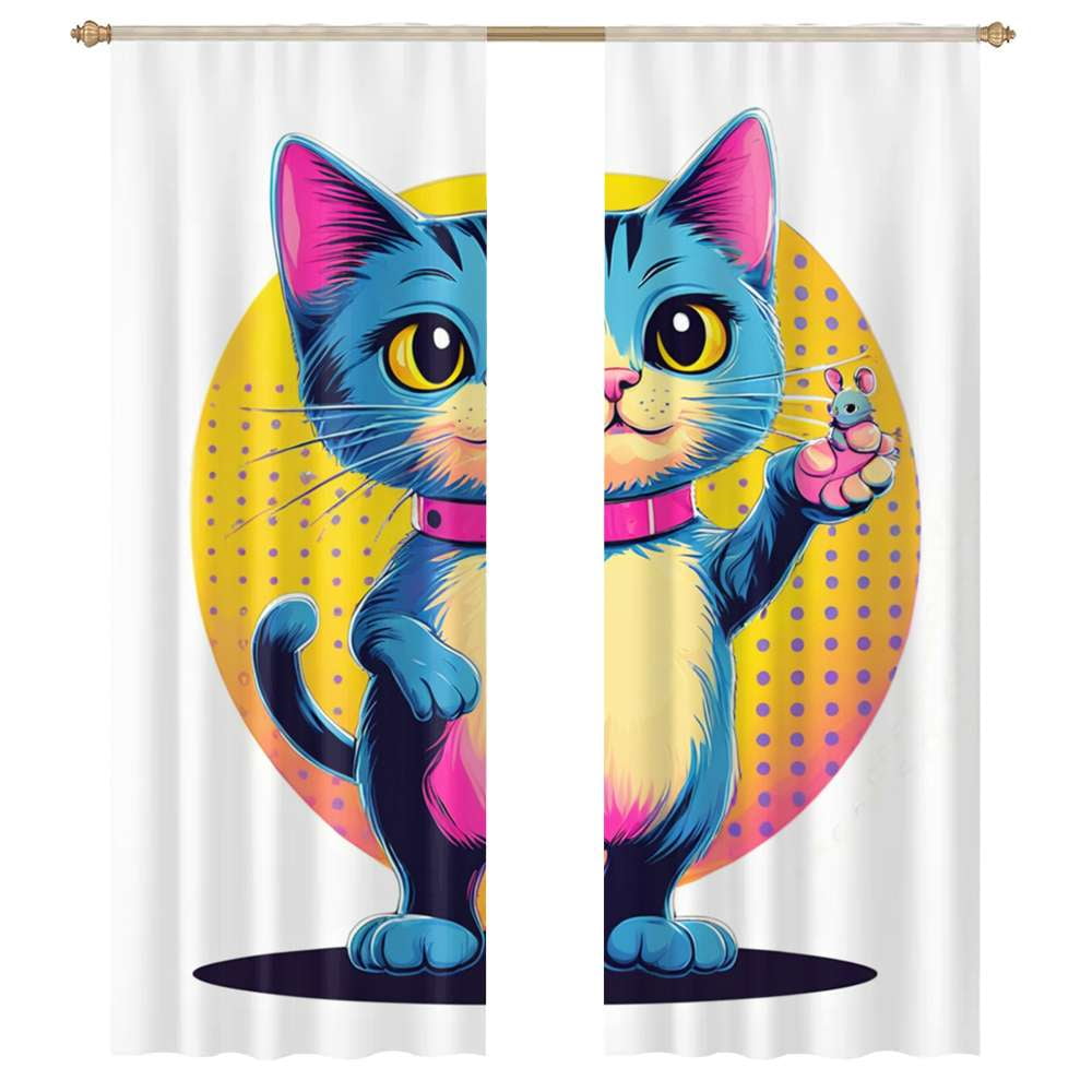 Cute Cat Holding Mouse Sheer Window Curtains for Living Room Kitchen ...