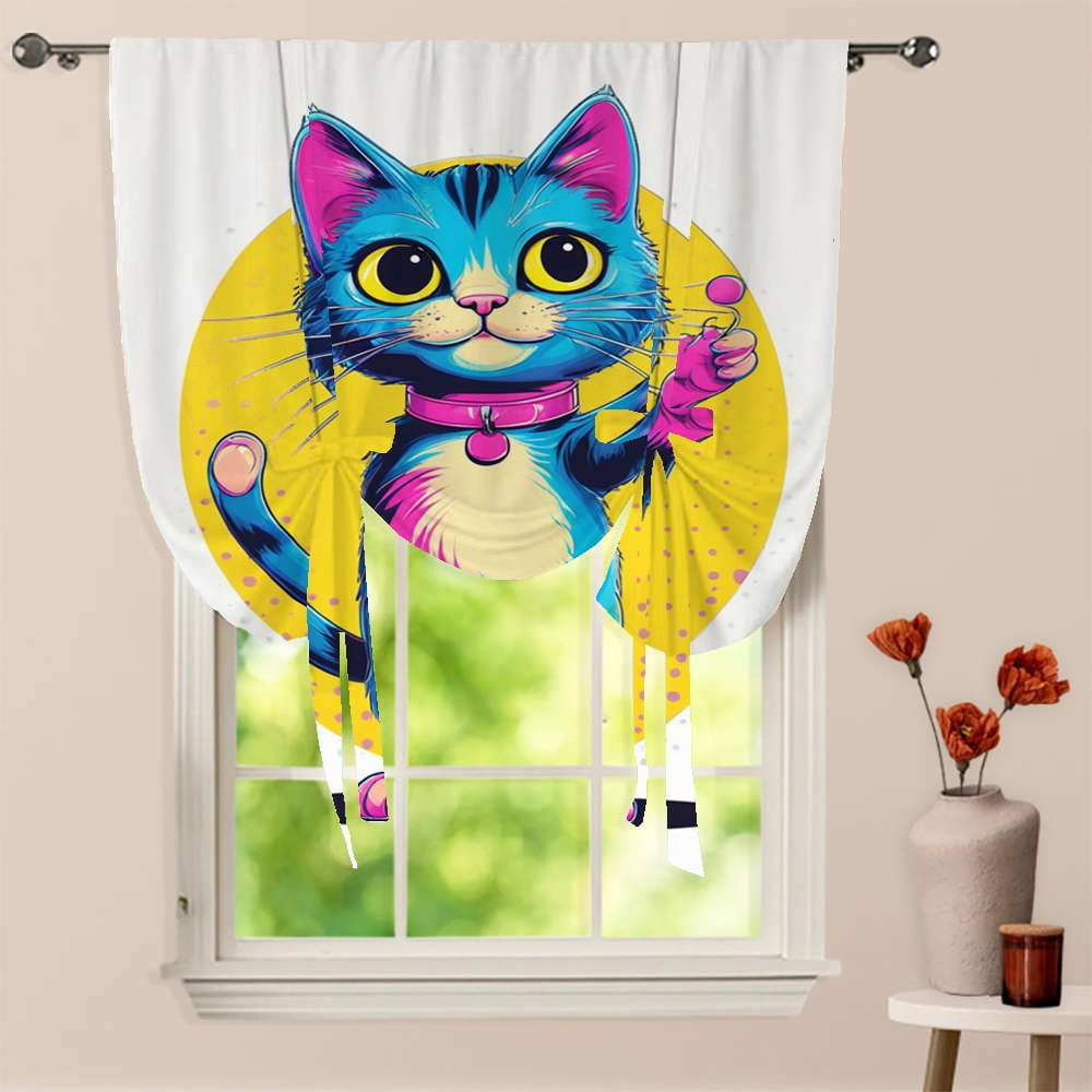 Cute Cat Holding Mouse Window Curtain for Living Room Roman Curtain ...