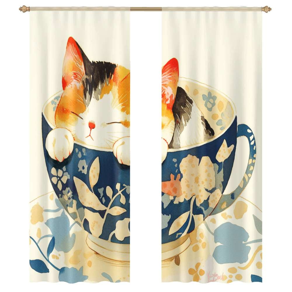 Cute Cat In A Tea Cup Sheer Window Curtains for Living Room Kitchen ...