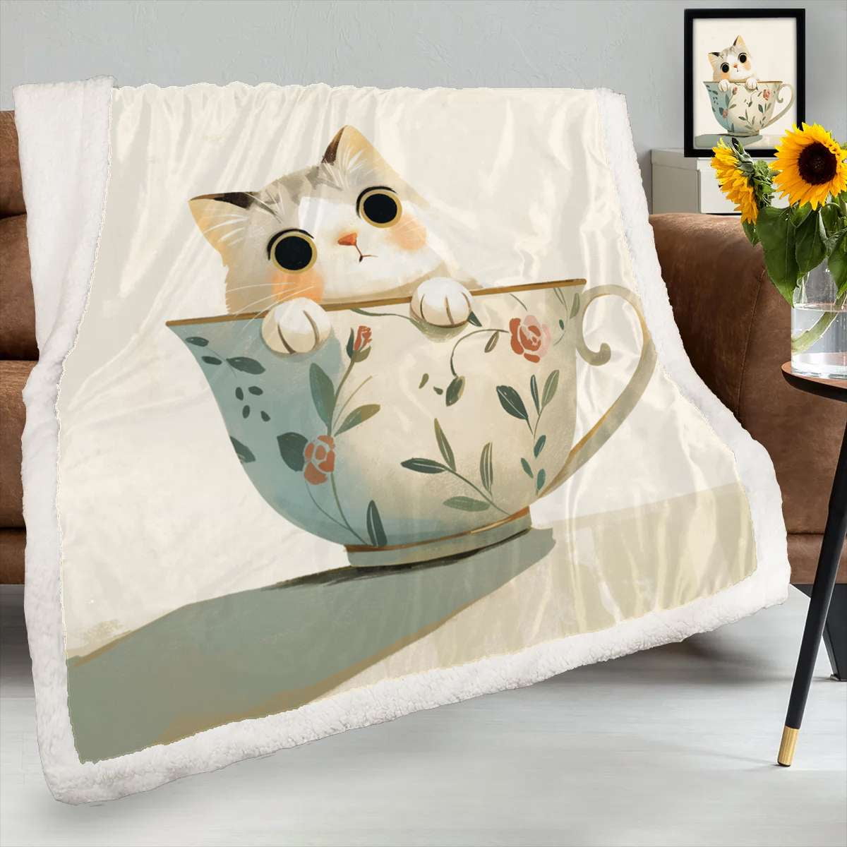Cute Cat In A Tea Cup Sherpa Blanket Throw Blanket For Bed Chair Sofa ...