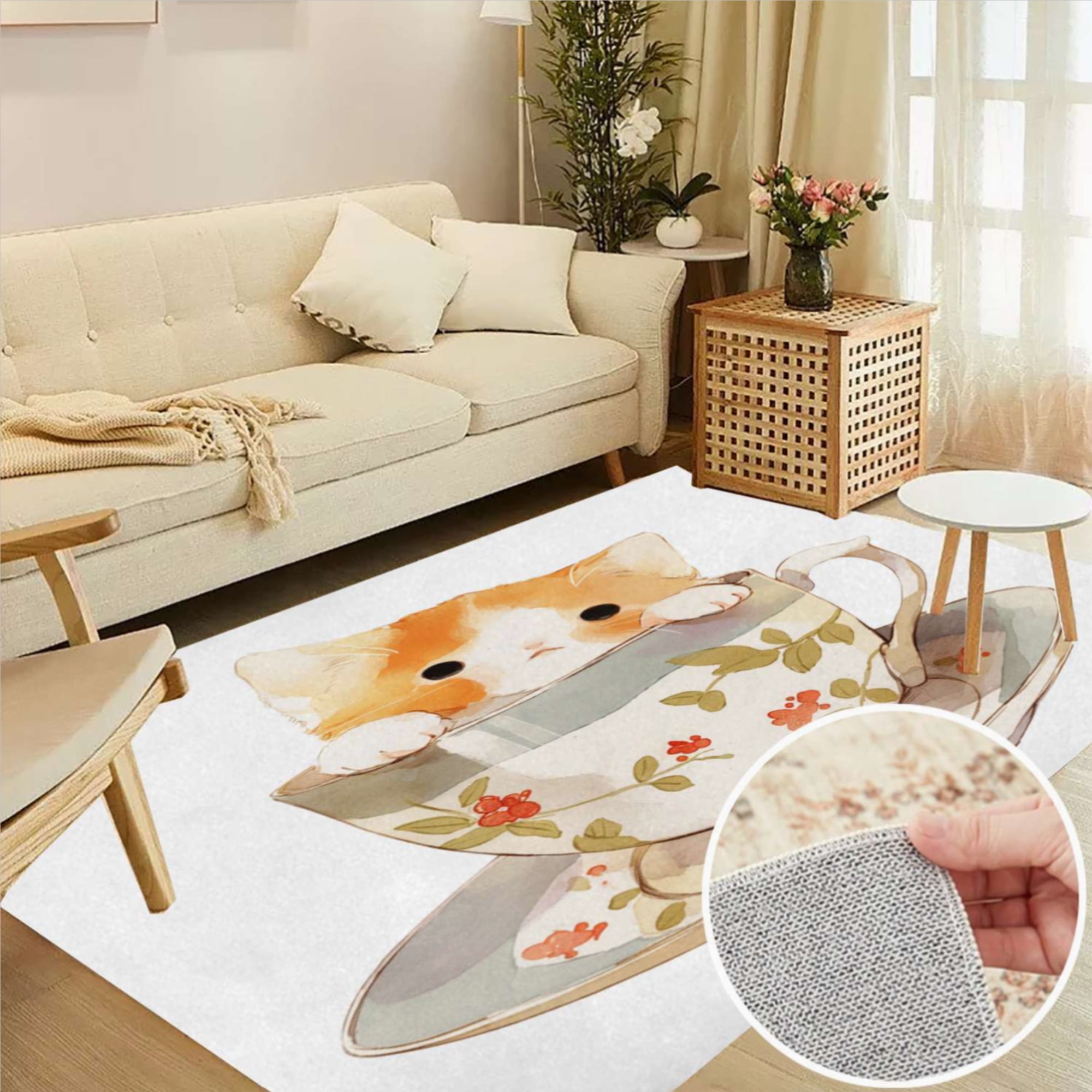 Cute Cat In A Tea Cup Soft Large Area Rugs Washable Rug With Non-Slip ...
