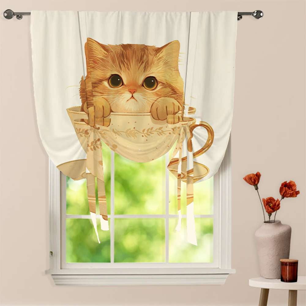Cute Cat In A Tea Cup Window Curtain for Living Room Roman Curtain ...