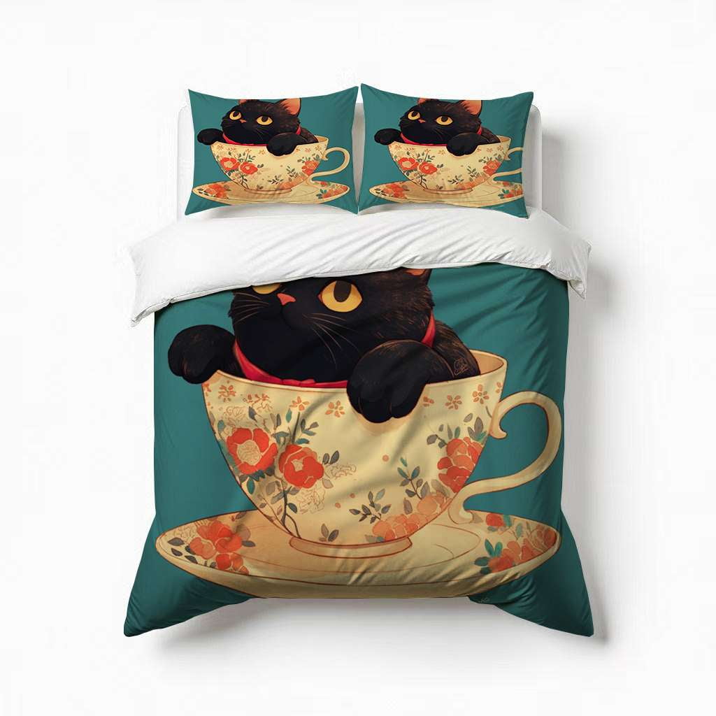 Cute Cat In A Teacup Bedding Set 3 Pcs Soft Microfiber Quilt Cover For ...