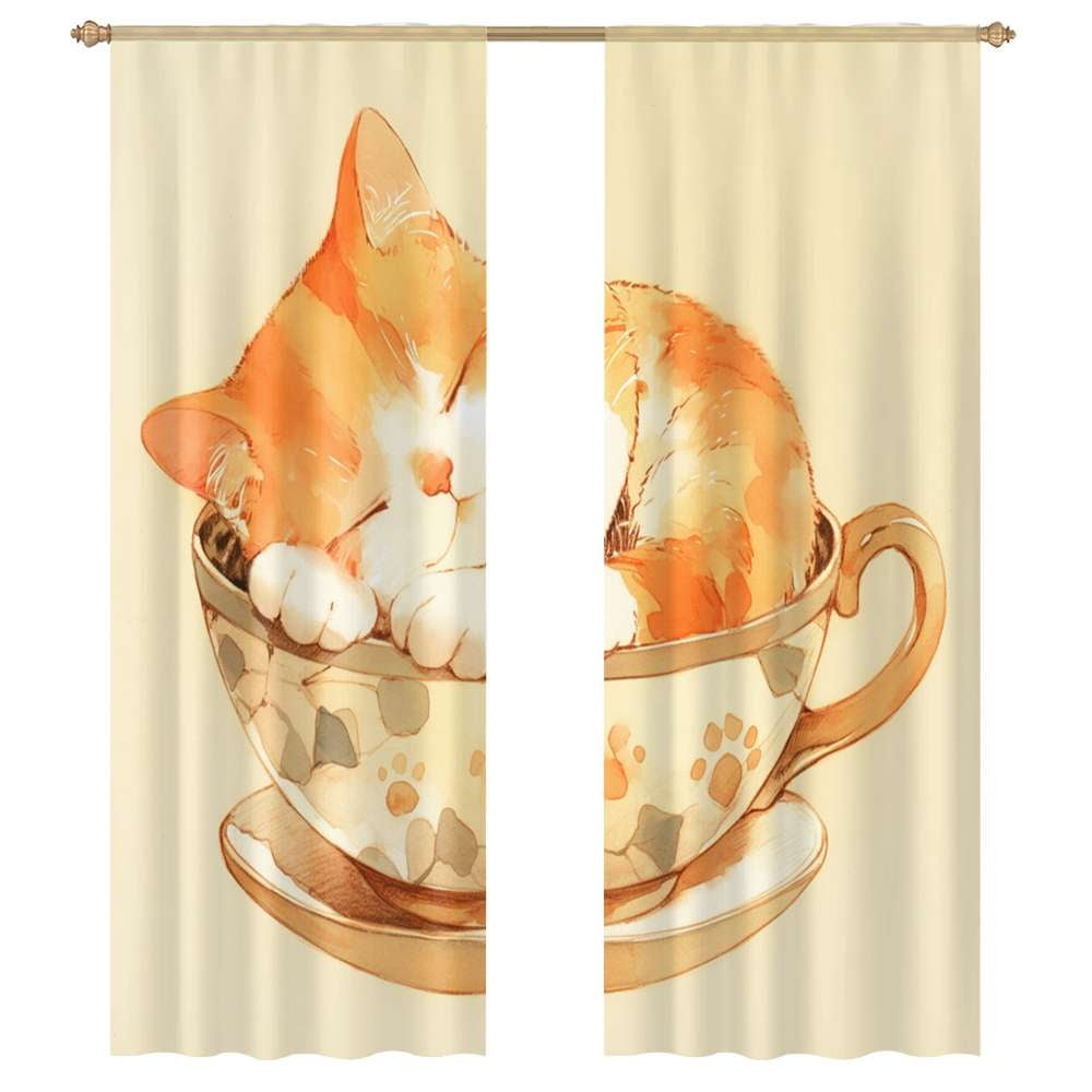 Cute Cat In A Teacup Tulle Curtains For Living Room Chiffon Sheer Voile ...