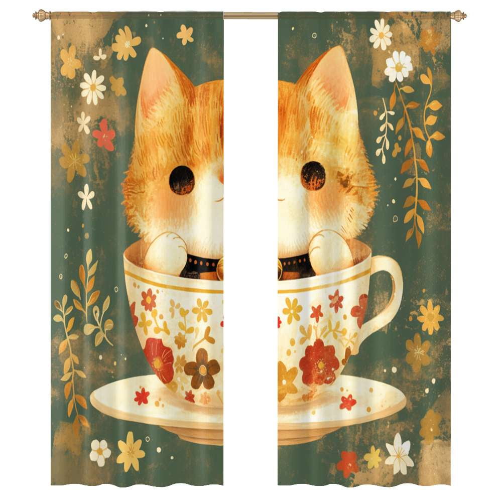 Cute Cat In A Teacup Tulle Curtains For Living Room Chiffon Sheer Voile ...