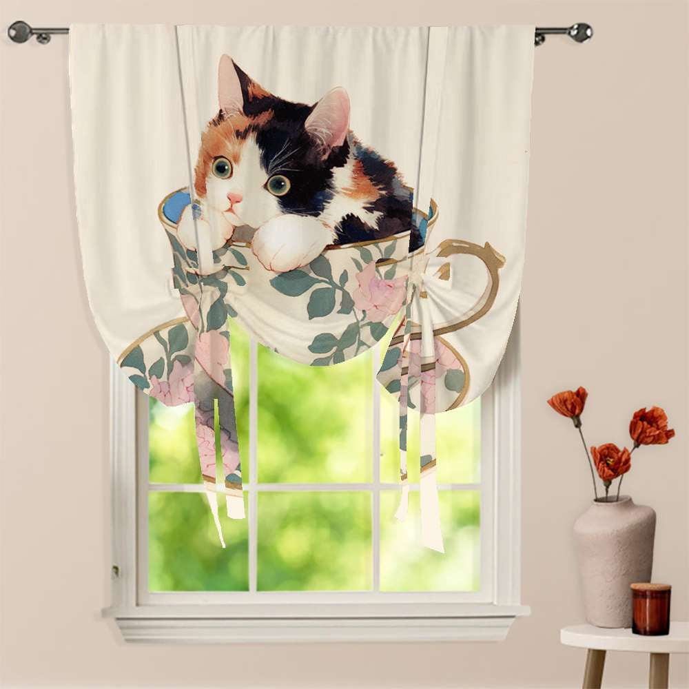 Cute Cat In A Teacup Window Curtain for Living Room Roman Curtain ...