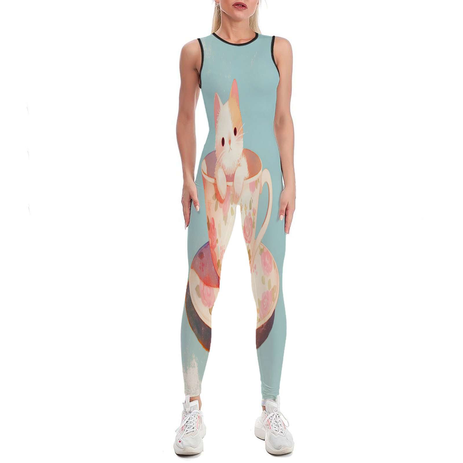 Cute Cat In A Teacup Women's One Piece Yoga Jumpsuits Leggings Playsuit ...