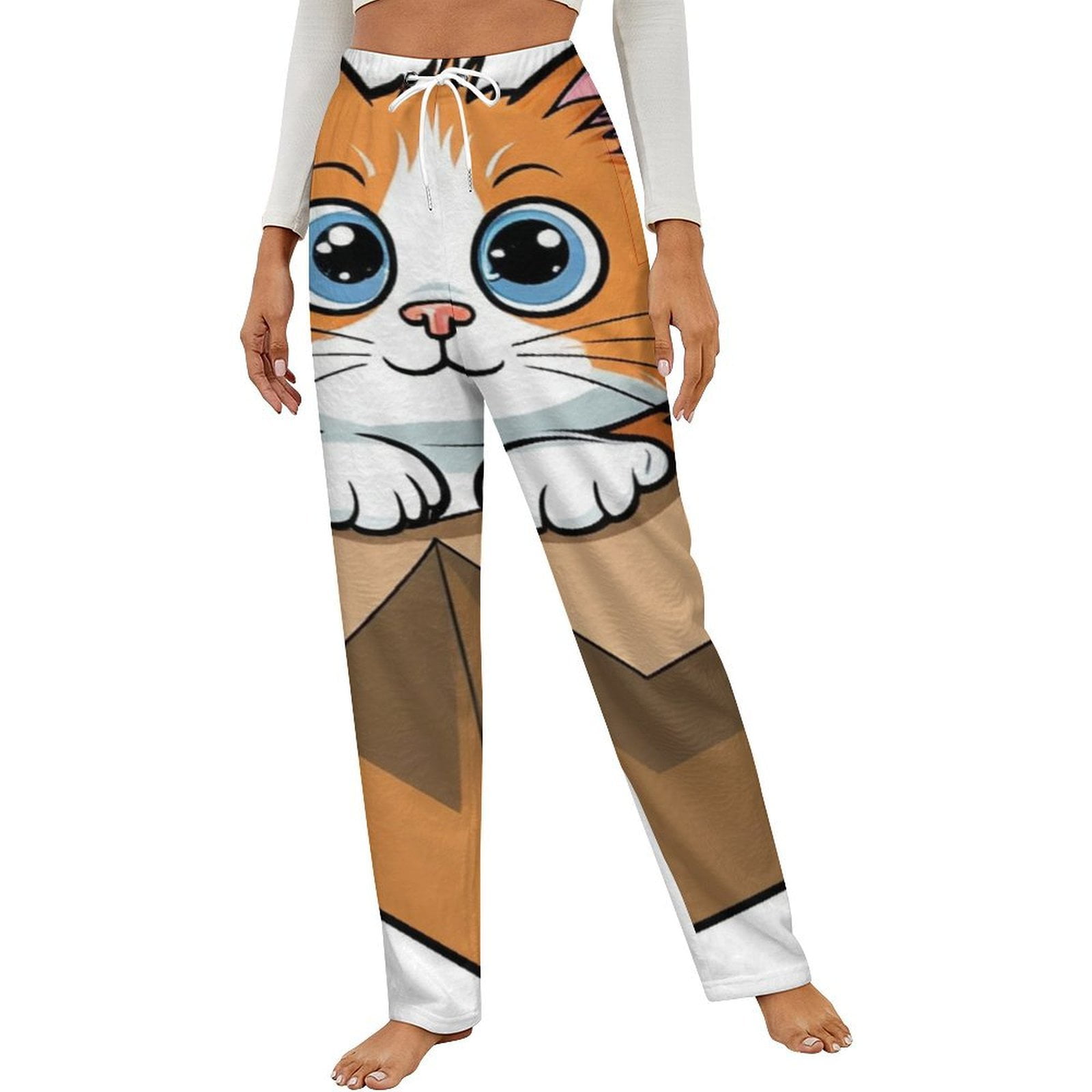 Cute Cat In Box Winter Female Pants Flannel High Waist Women Pants Lady ...