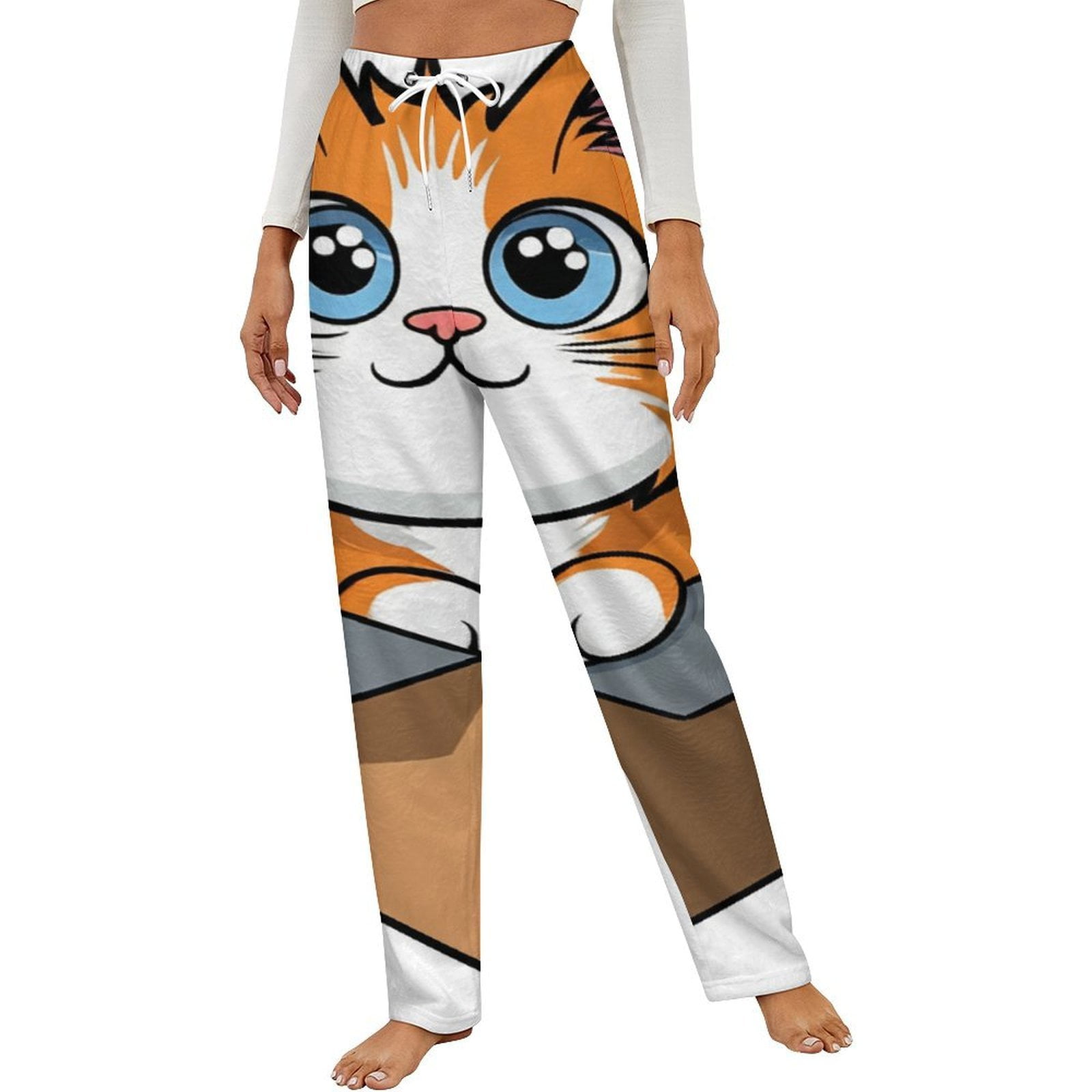 Cute Cat In Box Winter Female Pants Flannel High Waist Women Pants Lady ...