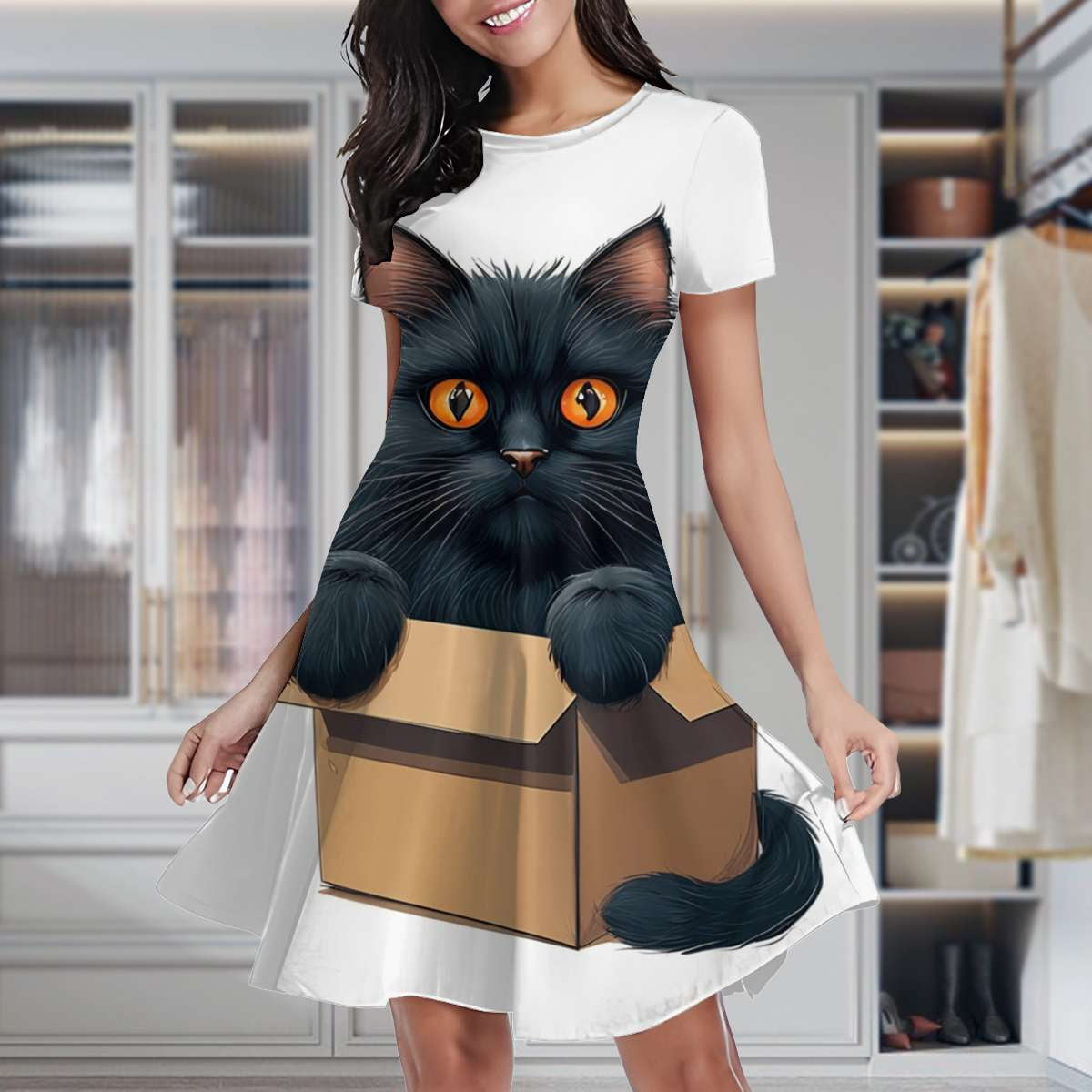 Cute Cat In Box Women's Classic Swing Skater Dress Casual Work Party ...