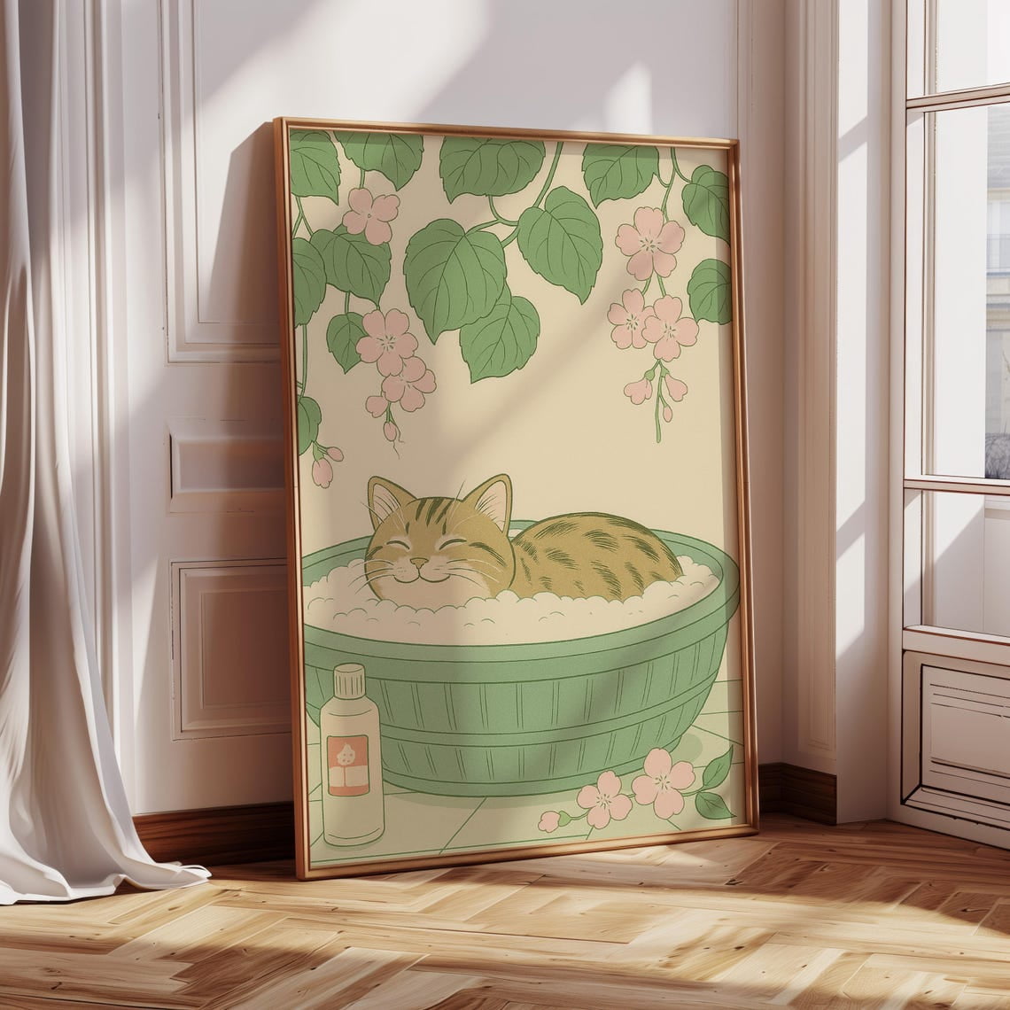 Cute Cat In Bubble Bath Art Whimsical Japanese-Inspired Illustration ...