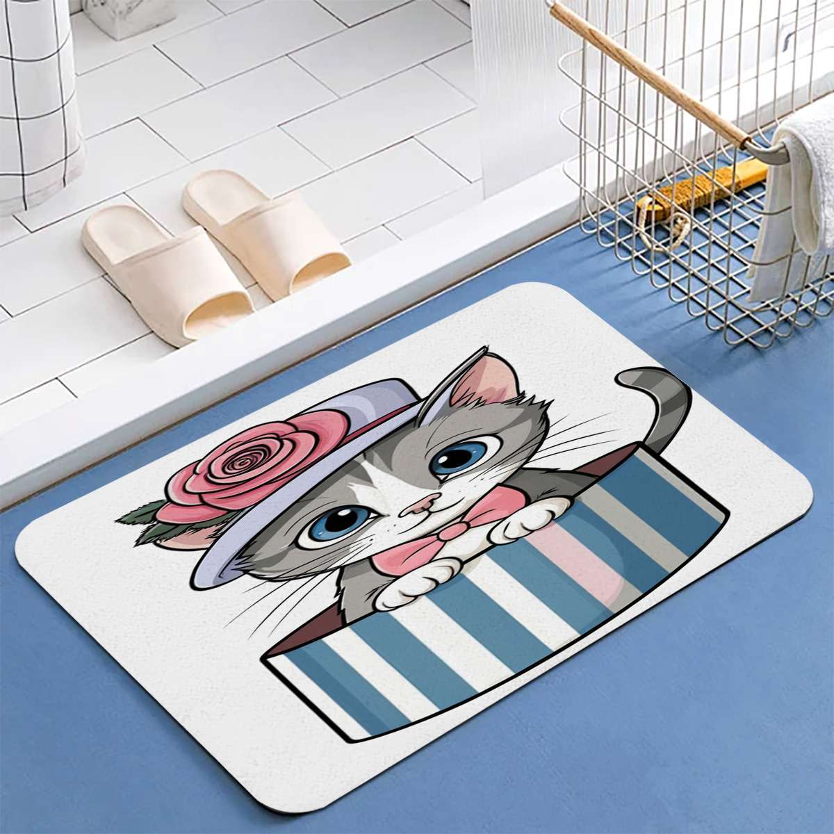 Cute Cat In Hat Box Diatomite Bath Mats Bathroom Absorbent Anti Slip ...