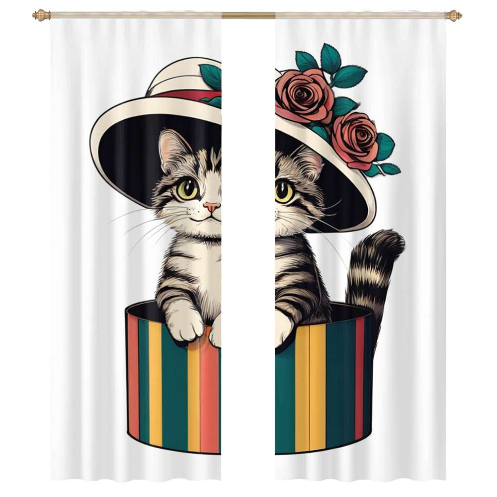 Cute Cat In Hat Box Modern Tulle Window Curtains for Living Room Luxury ...
