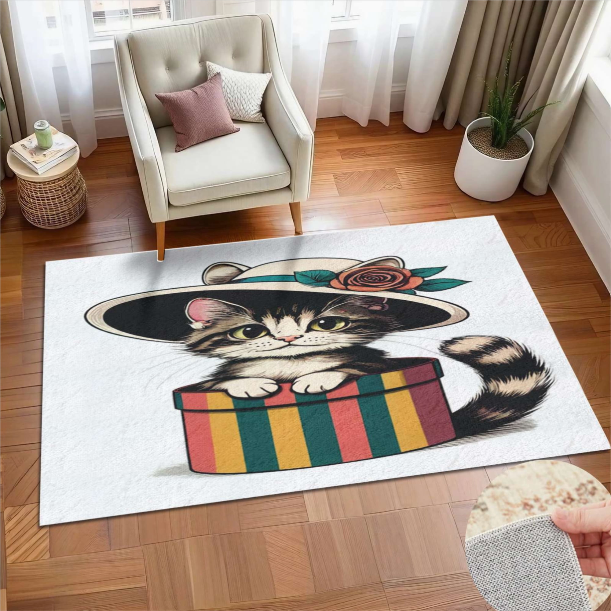 Cute Cat In Hat Box Soft Large Area Rugs Washable Rug With Non-Slip ...
