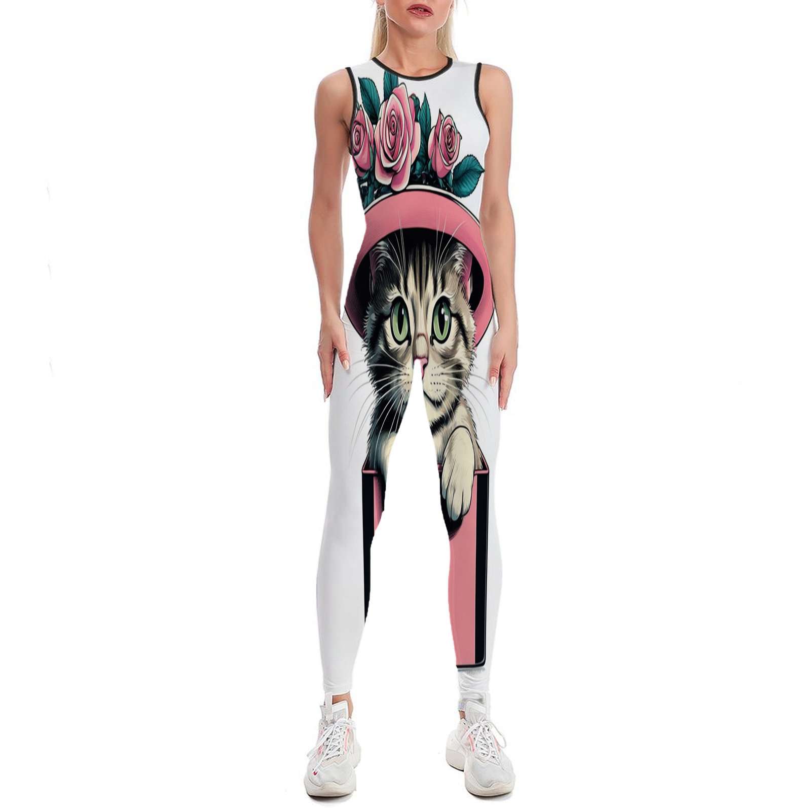 Cute Cat In Hat Box Women's One Piece Yoga Jumpsuits Leggings Playsuit ...