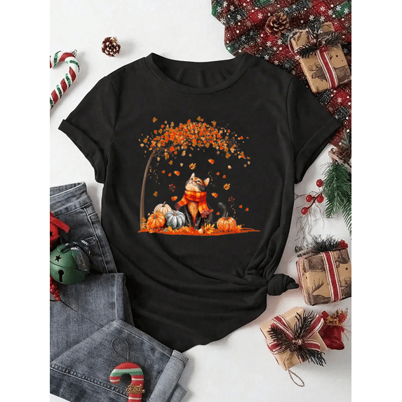 Cute Cat In Leaf Pile Fall Autumn Themed For Cat Lovers up to Size 5XL ...