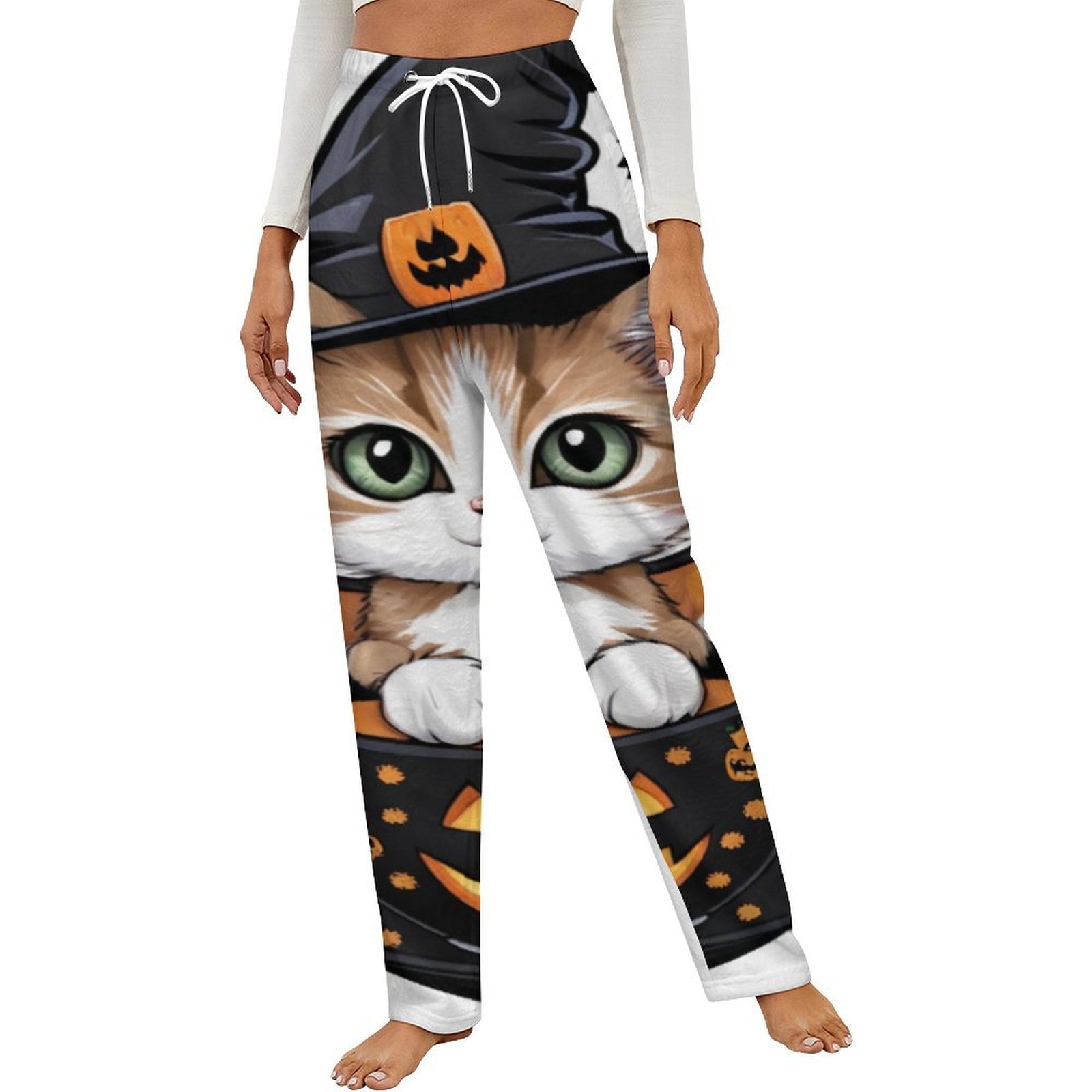 Cute Cat In Witch Hat Cup Winter Female Pants Flannel High Waist Women ...