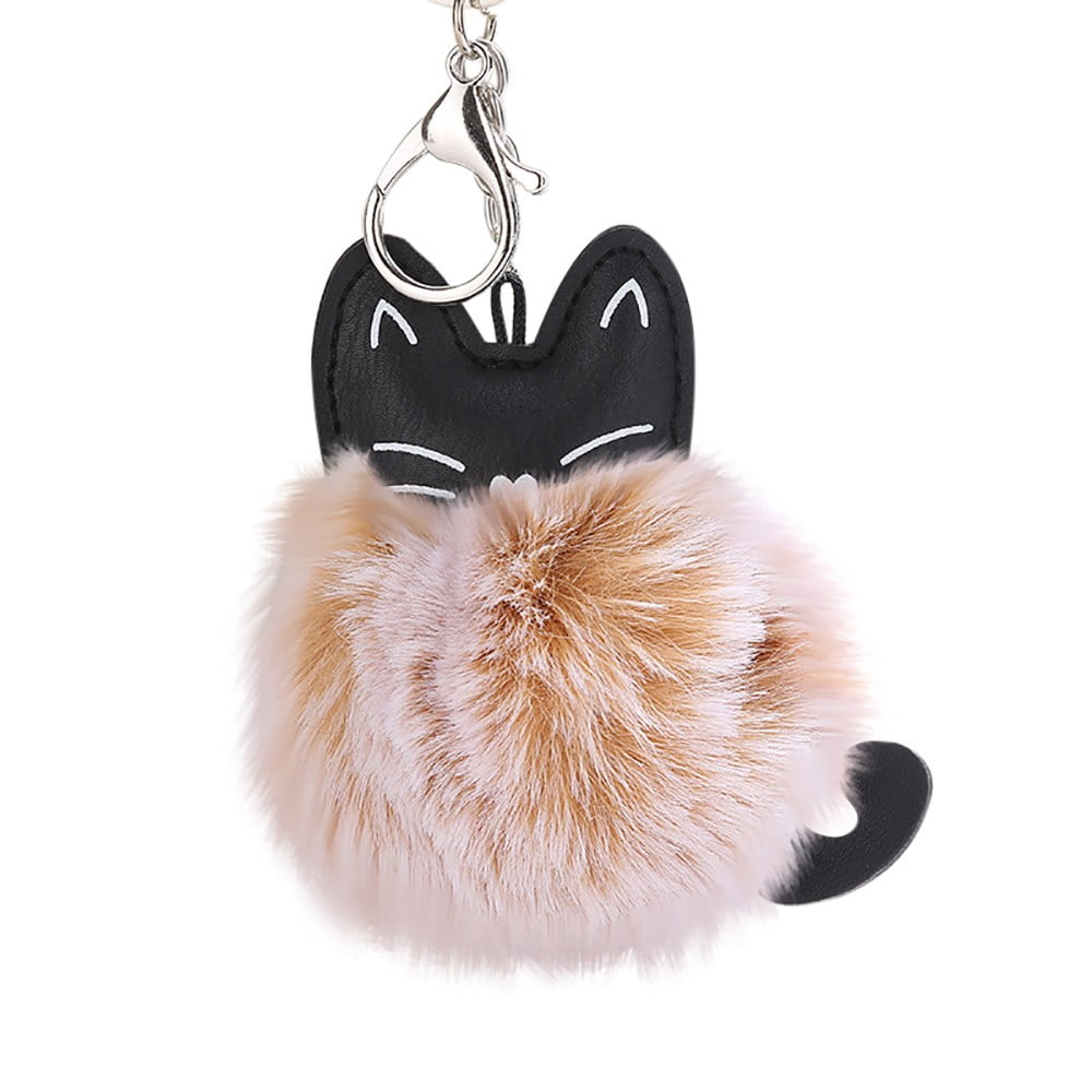 Cute Cat Keychain Pendant Key Ring Holder with Pompoms for Women Girls ...