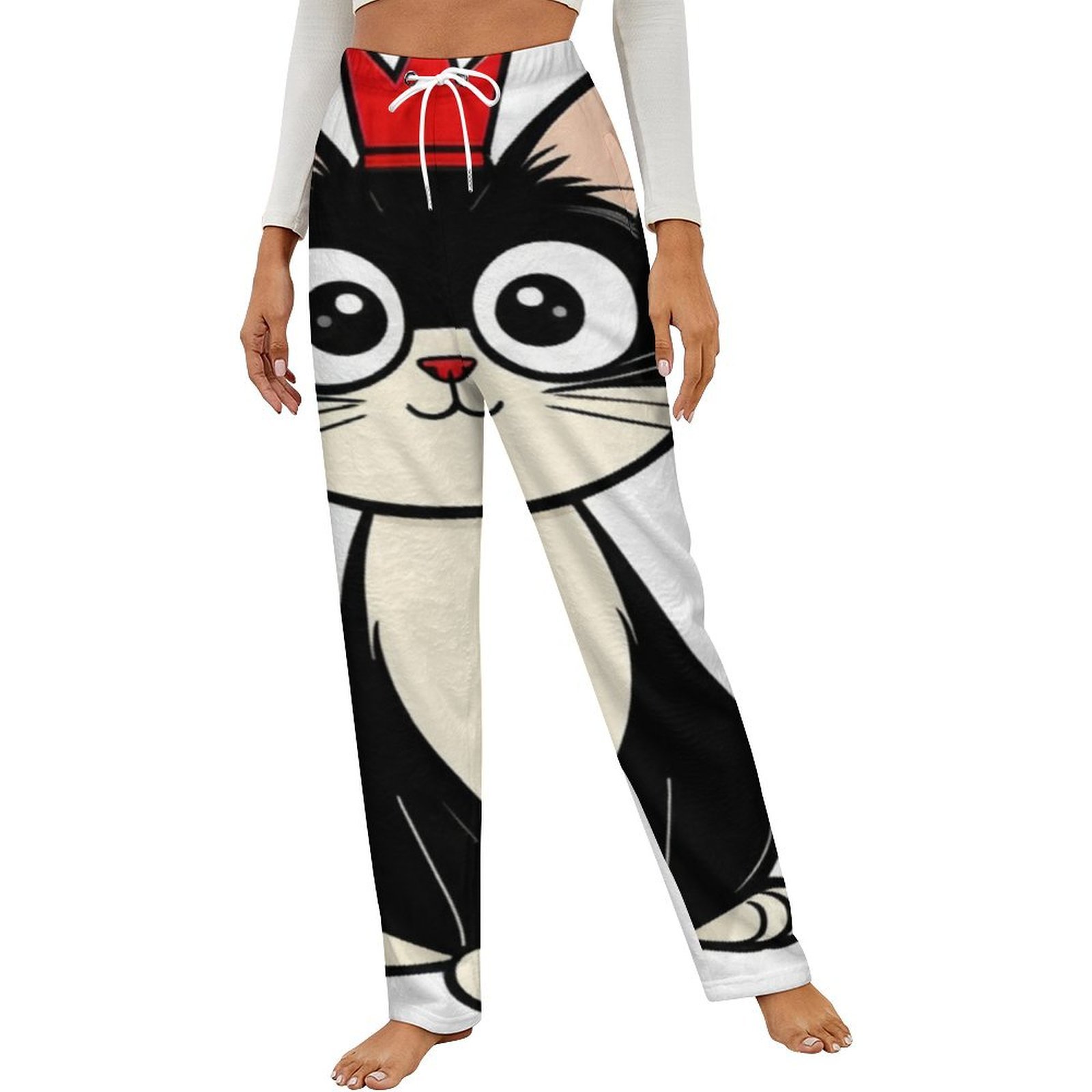 Cute Cat King Crown Winter Female Pants Flannel High Waist Women Pants ...