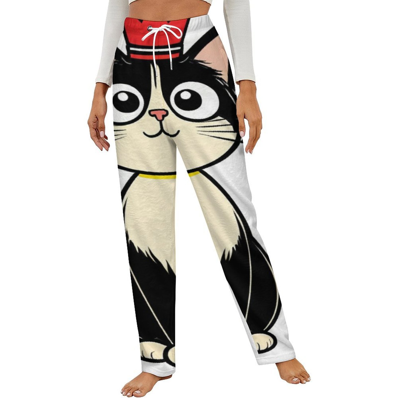 Cute Cat King Crown Winter Female Pants Flannel High Waist Women Pants ...