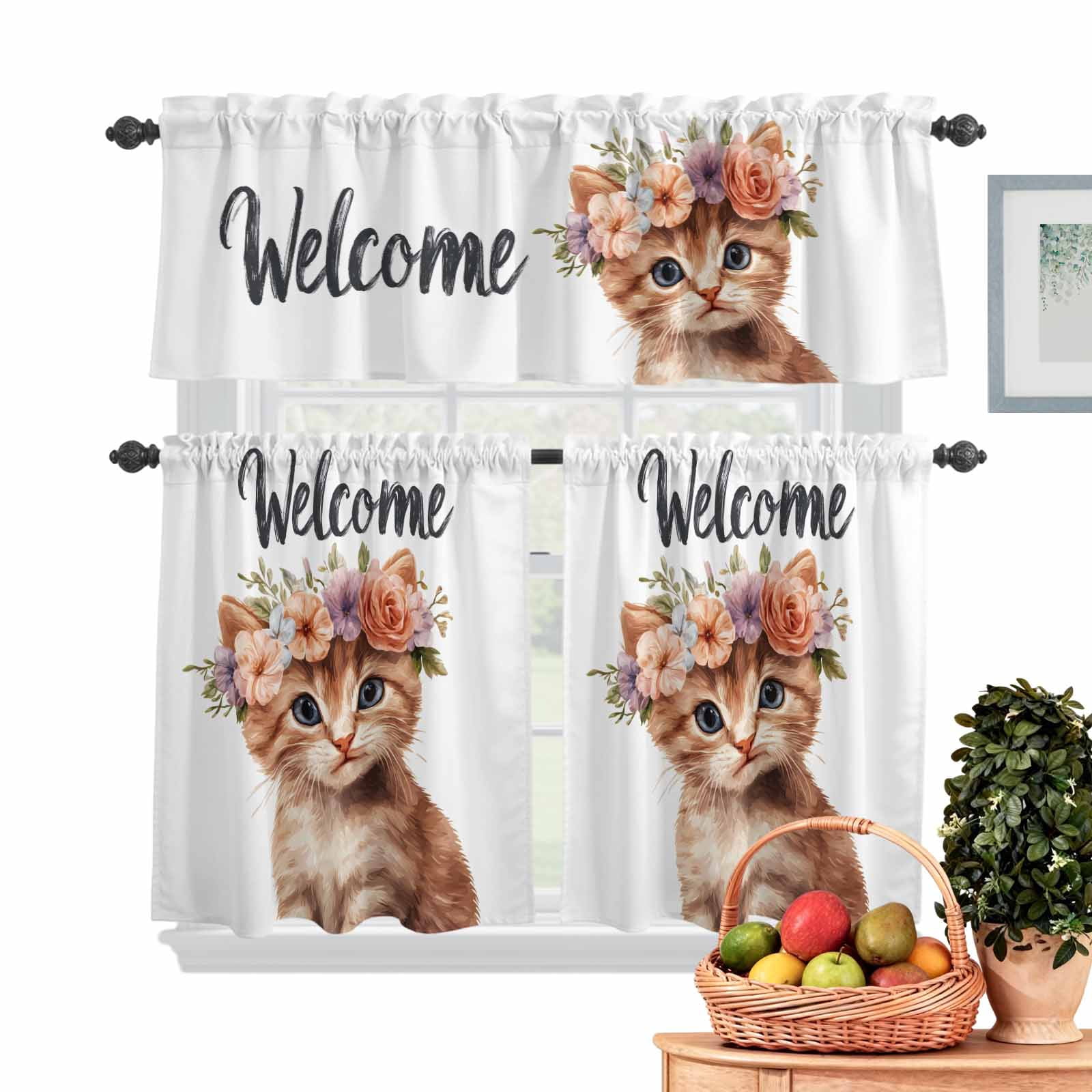 Cute Cat Kitchen Curtains Valances 3 Piece Set, Garland Rod Pocket Tier ...