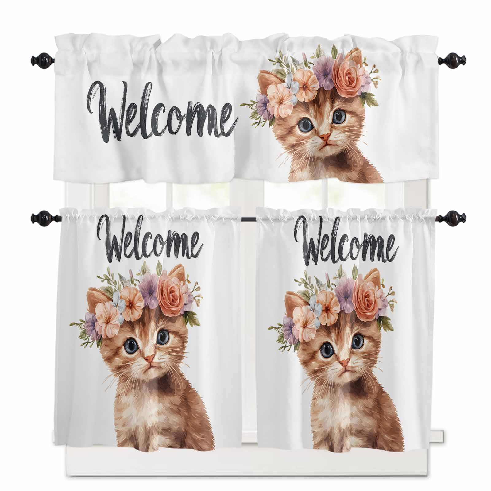 Cute Cat Kitchen Curtains Valances and Tiers Set of 3 Garland Tier ...