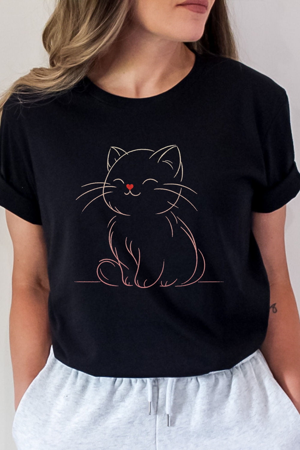 Cute Cat Line Art Graphic Tee Minimal Feline Illustration Simple ...