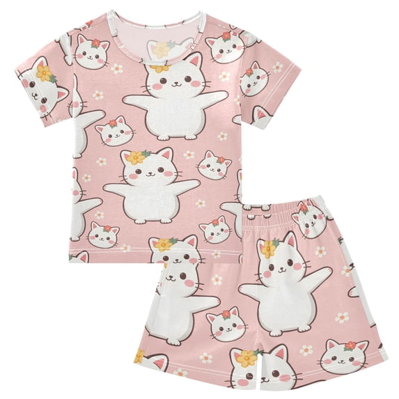 Cute Cat Little Flower Pattern Summer Pajama Set Soft Cotton Short ...