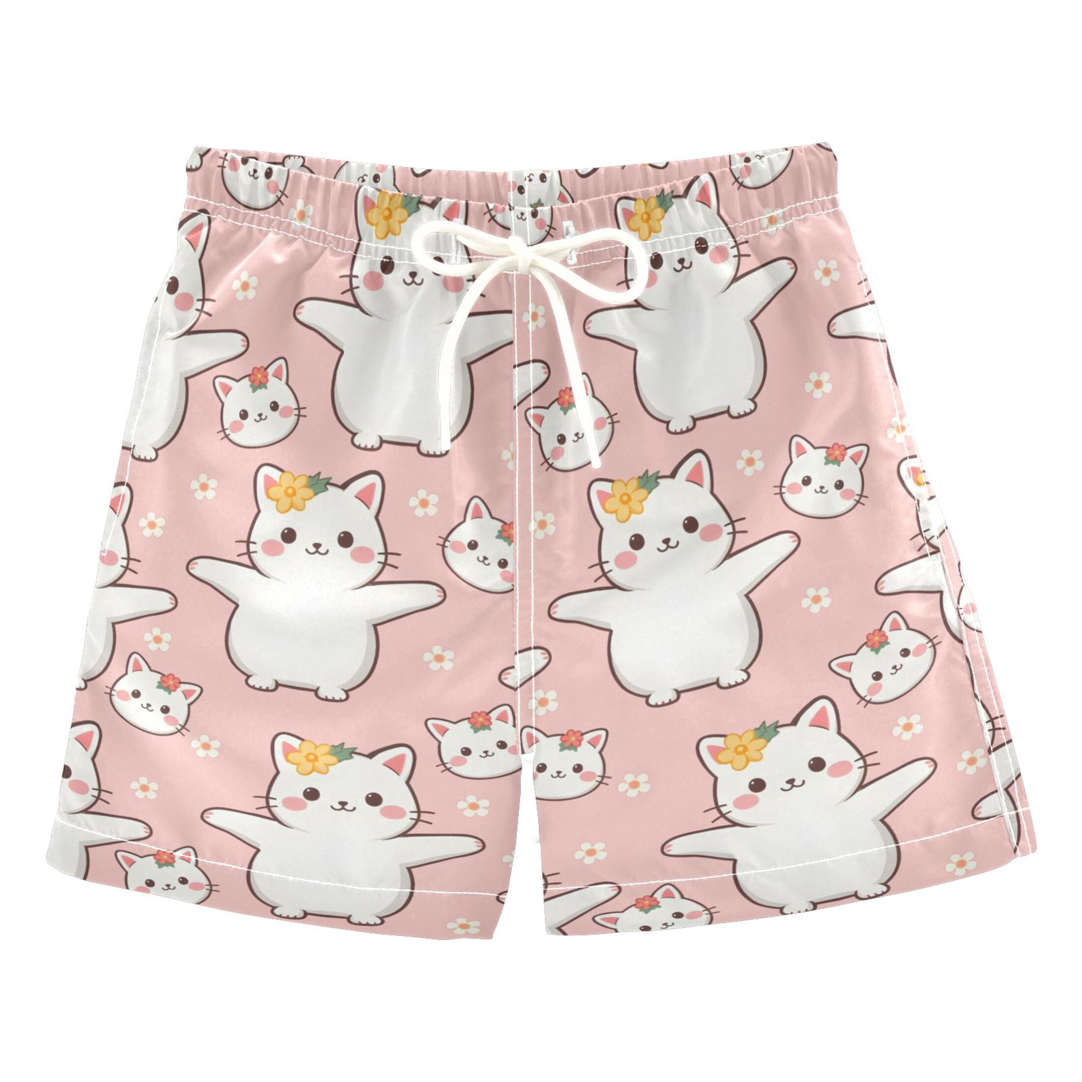 Cute Cat Little Flower Pattern Swim Trunks Quick Dry Beach Pool Board ...