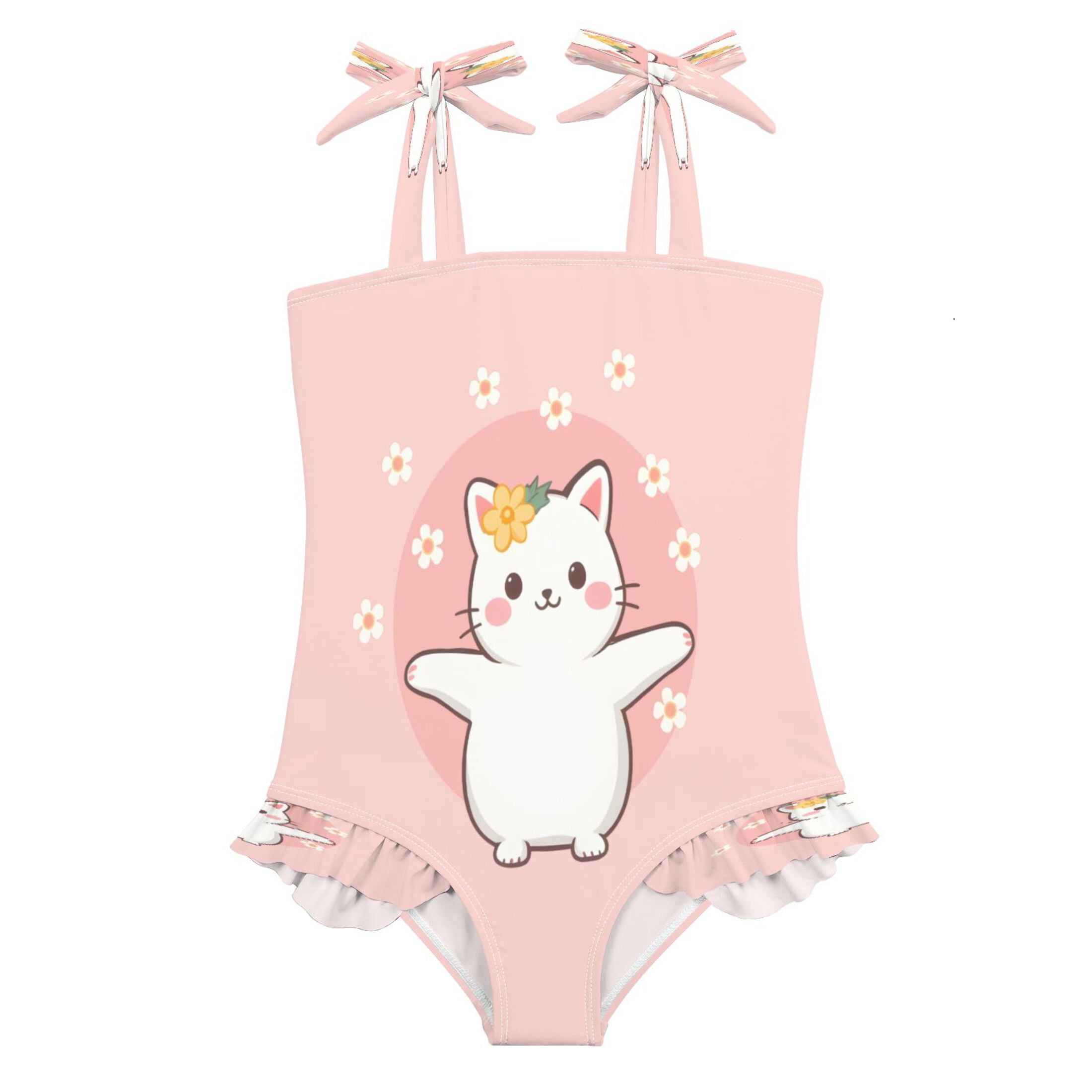 Cute Cat Little White Flower Girls' One-Piece Swimsuit Bowknot Tie ...