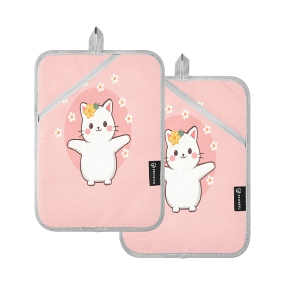 Cute Cat Little White Flower Pot Holder Set 2 Piece Non-Slip Oven Hot ...