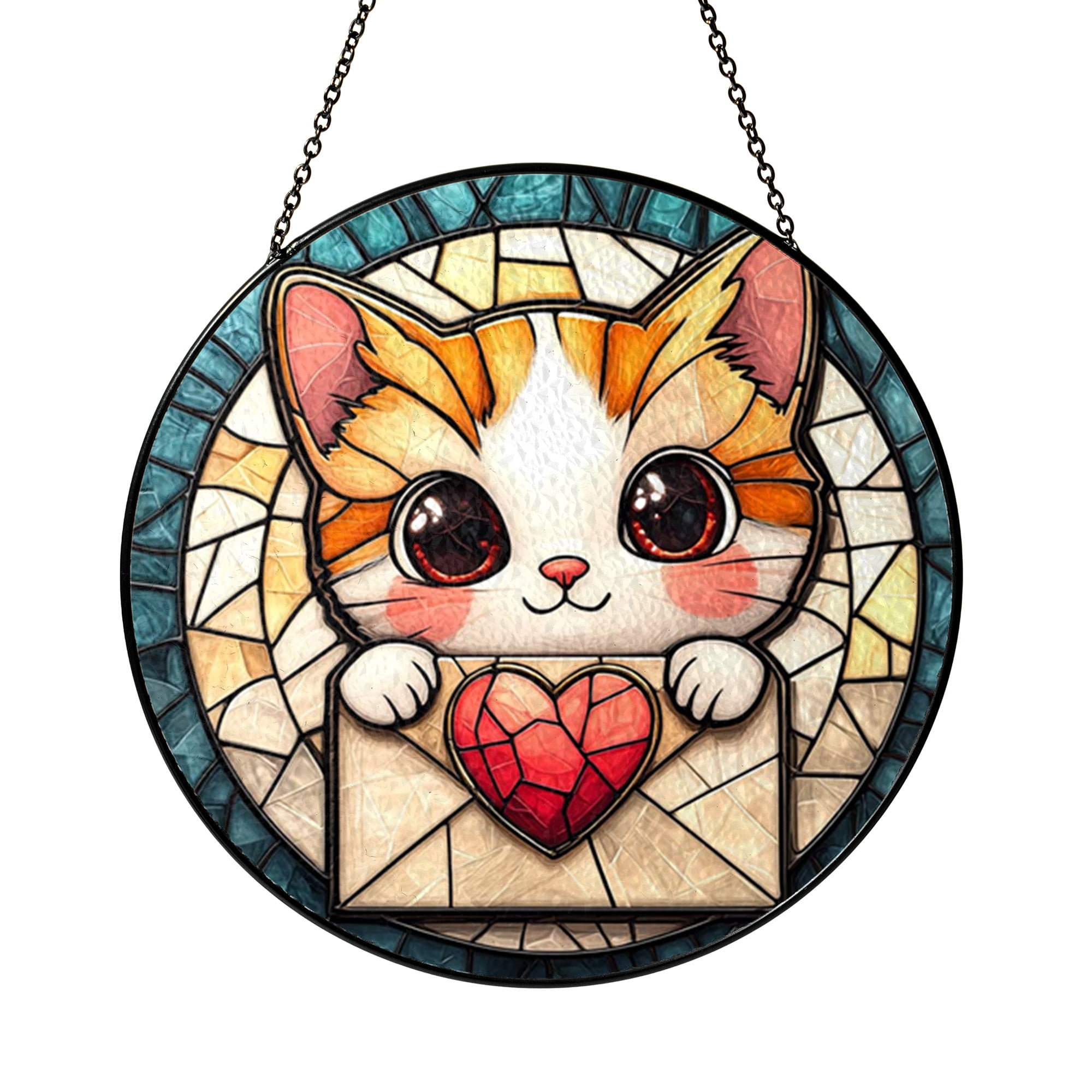 Cute Cat Love Letter Stained Glass Suncatcher Window Hanging, Pink ...