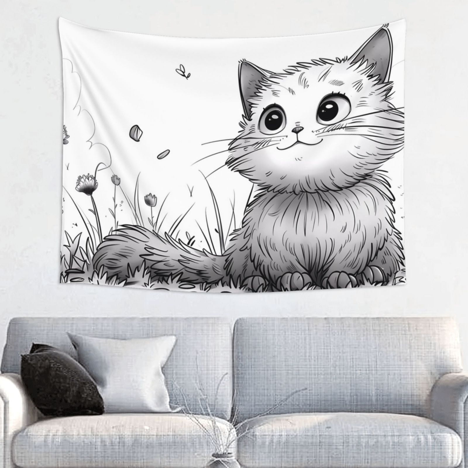 Cute Cat Meadow Sketch Tapestry Home Decor Tapestry Wall Hanging ...