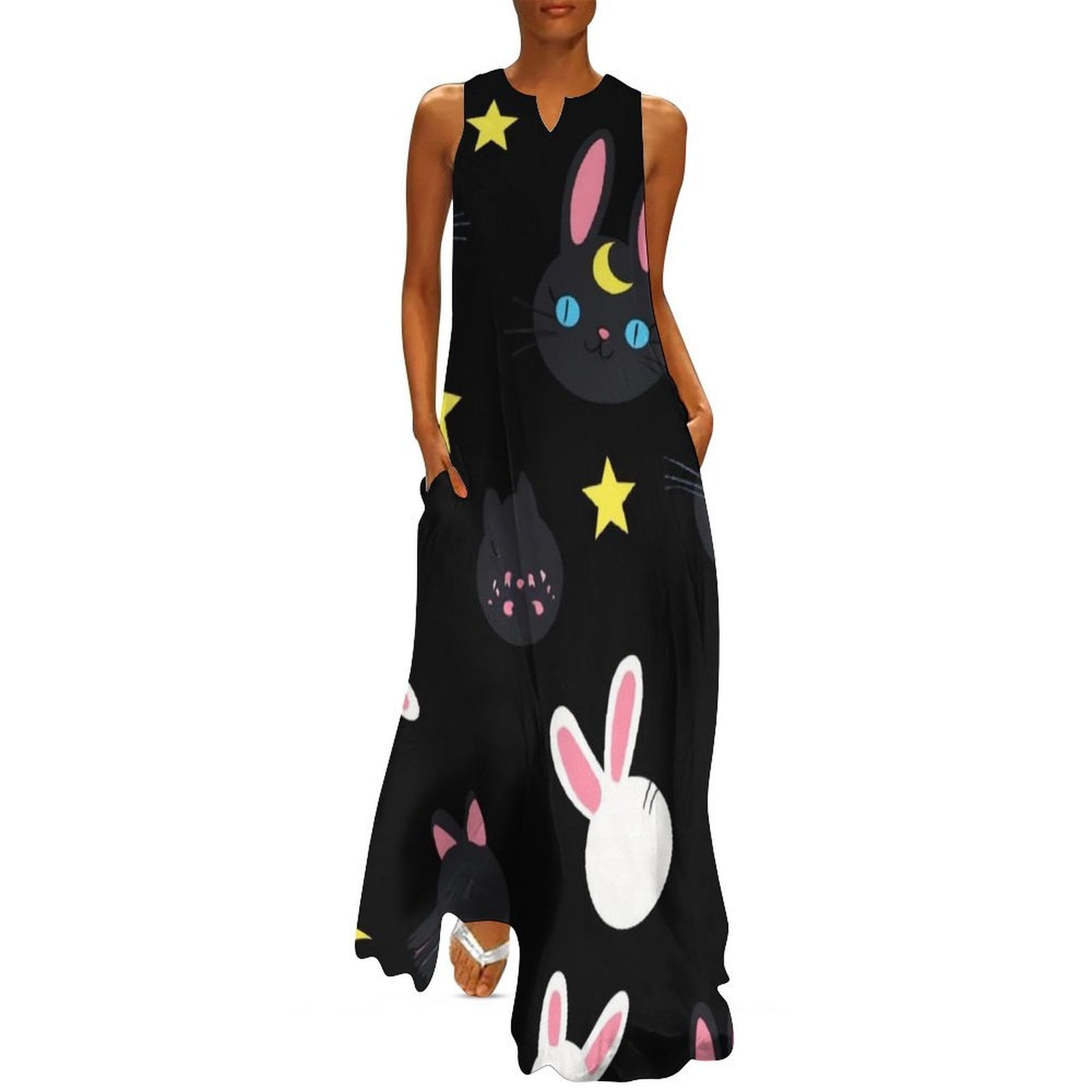 Cute Cat Moon Stars Pattern Long Dress luxury evening dresses women ...