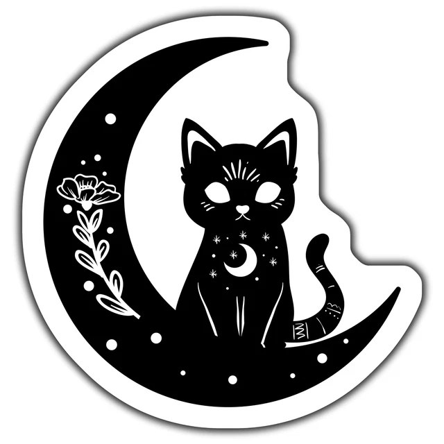 Cute Cat On Moon Sticker, Celestial Cat Vinyl Decal, Lunar Kitty ...