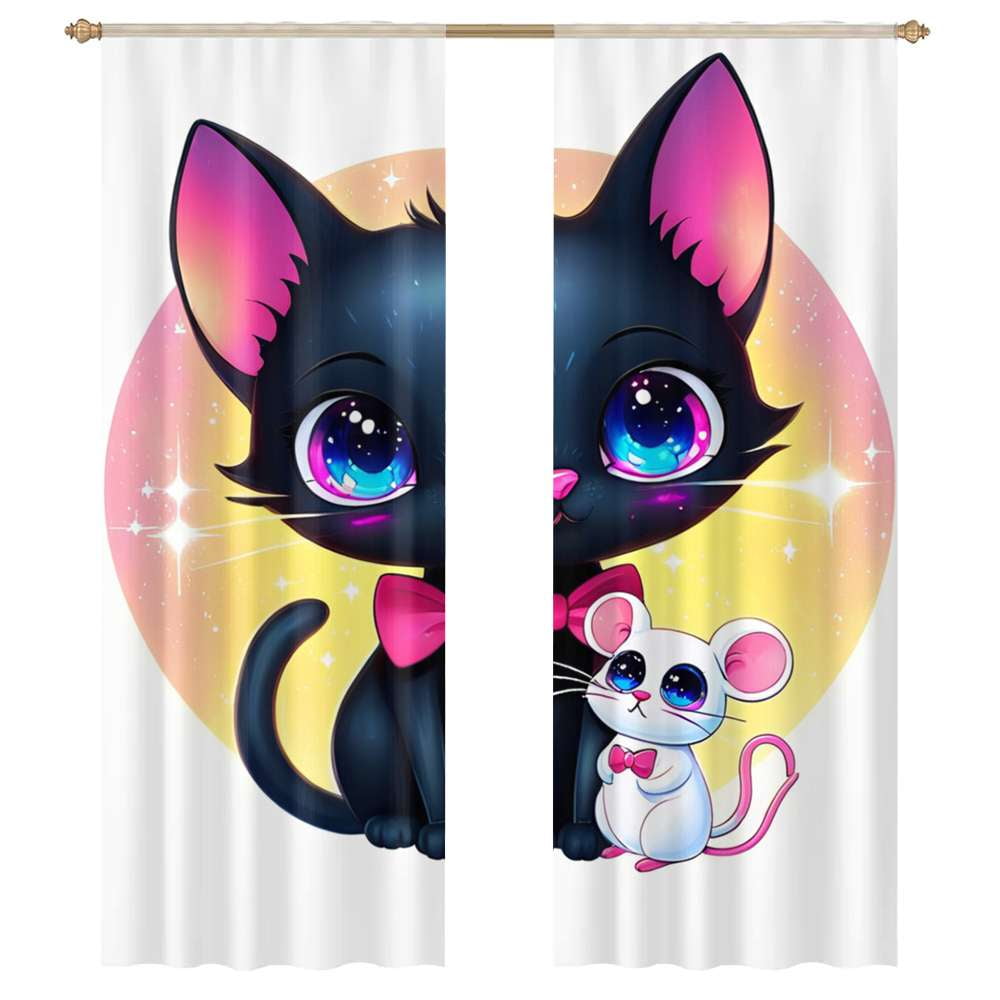 Cute Cat Mouse Glow Sheer Window Curtains for Living Room Kitchen ...