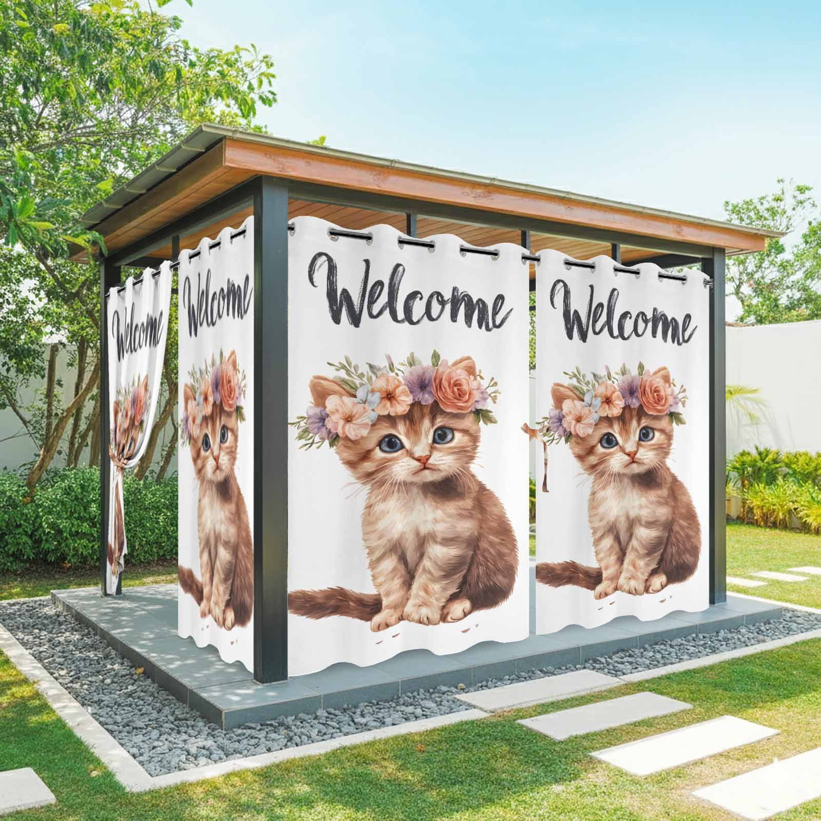 Cute Cat Outdoor Curtains for Patio Waterproof, Garland Welcome Grommet ...