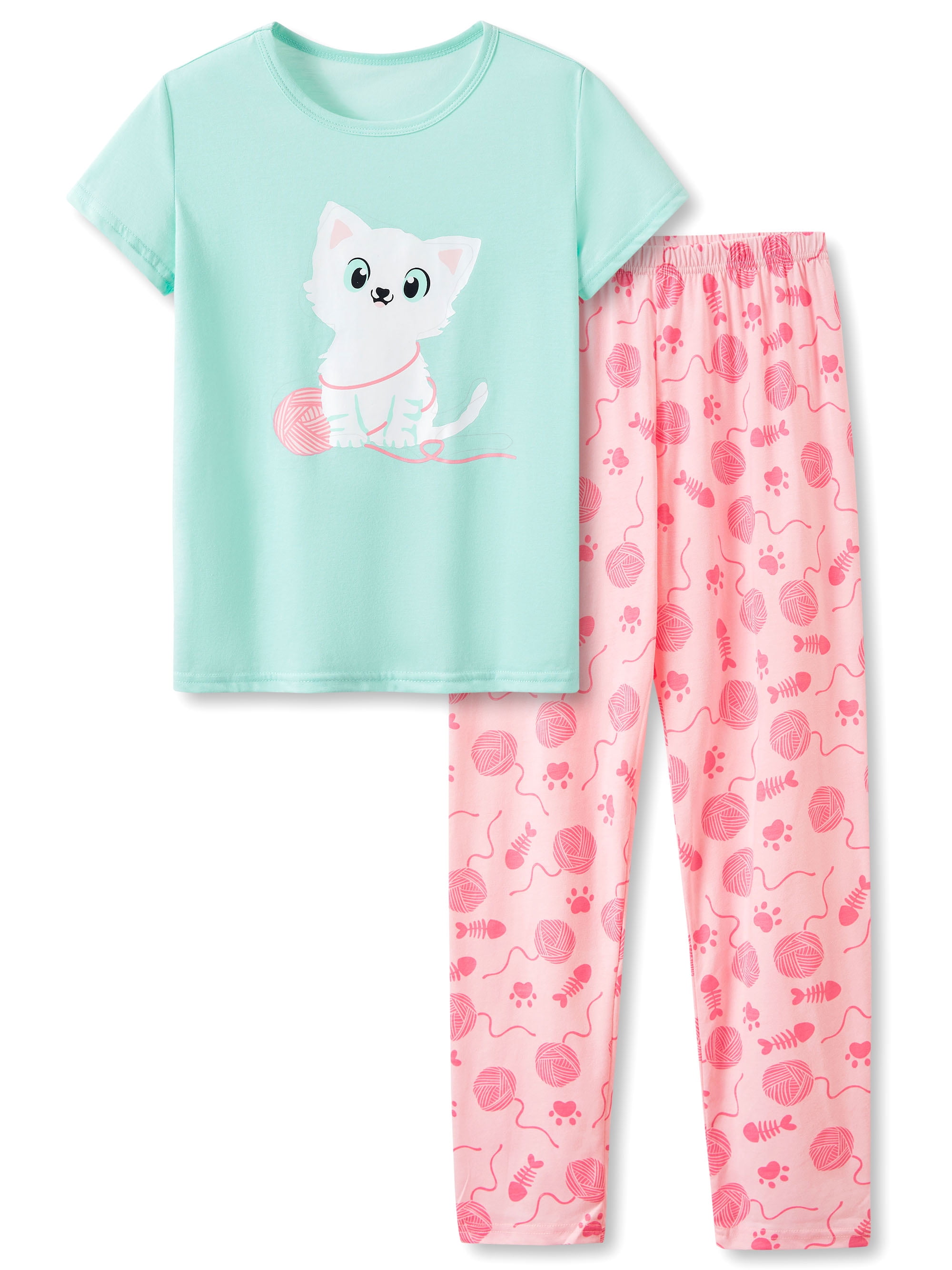 Cute Cat Pajamas for Young Teen Girls – Summer Sleepwear Short Sleeves ...