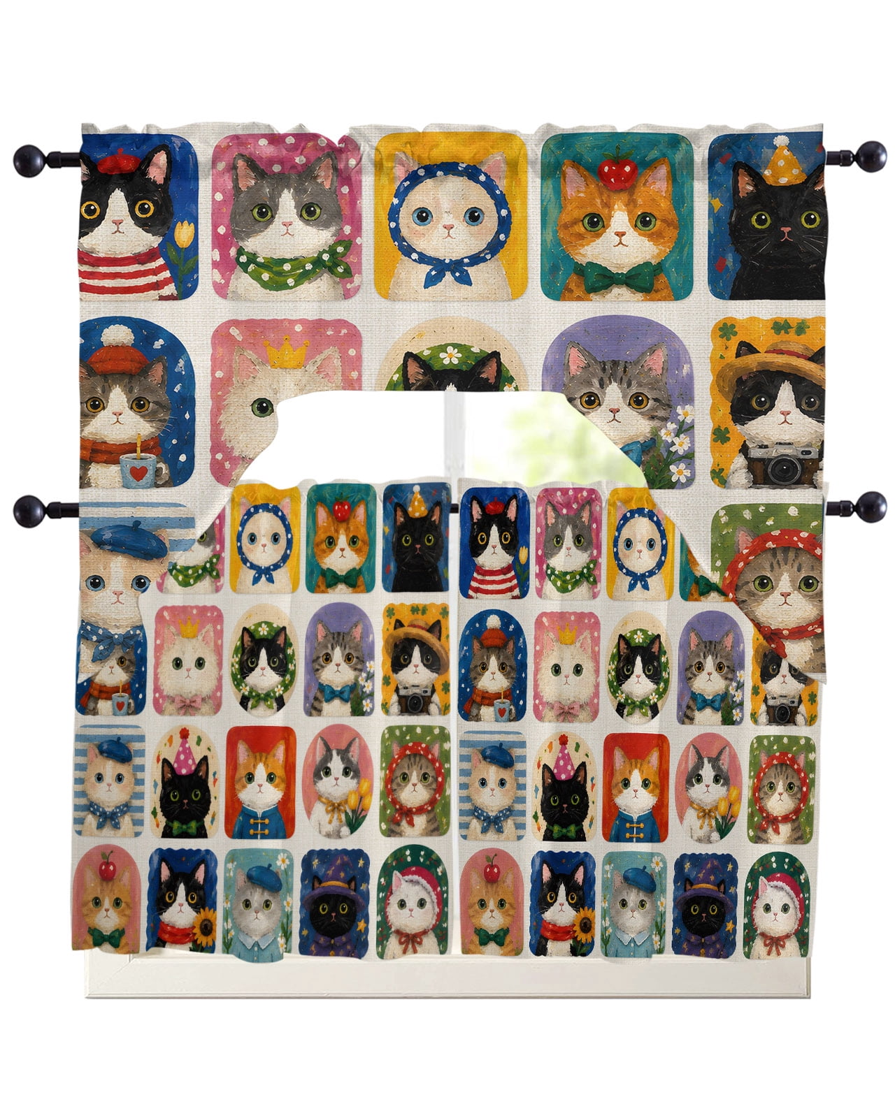 Cute Cat Patchwork Kitchen Curtains Set for Windows 3 Piece Cafe ...
