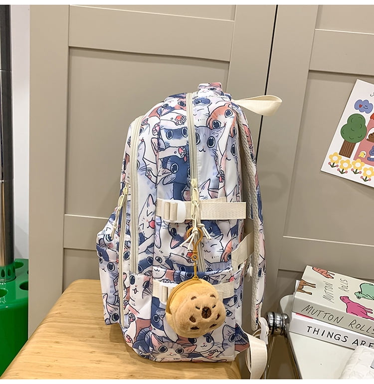 Cute Cat Pattern Backpack with Multiple Pockets, Plush Charm Accessory ...
